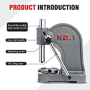 CXRCY Arbor Press 1 Ton Round Ram, Cast Iron Heavy duty Upgraded Manual Arbor Press 1 Ton, 5.5" Maximum Height, Desktop Arbor Press, Metal Punch Press Machine for Stamping Bending Forming Stretching