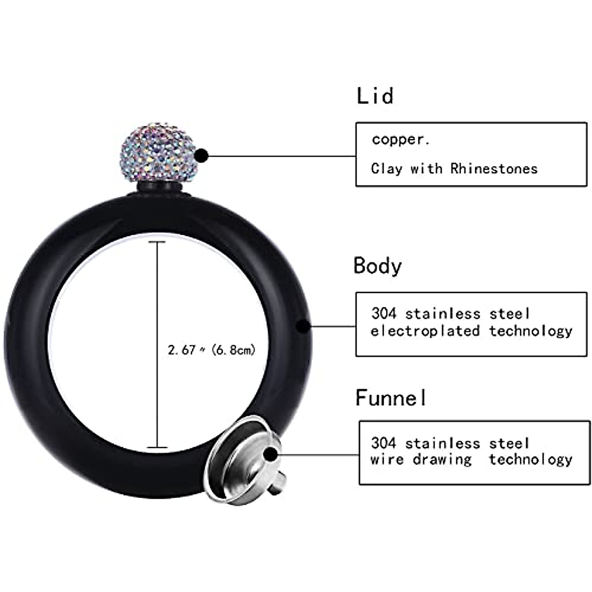 8th Day Fashion Flask Bracelet Bangle for Women 304 Stainless Steel Flask Handmade Crystal Lid Flask Gift Hidden Flask Women Girls Men Party Flask Funnel Set 3.5oz (Black)