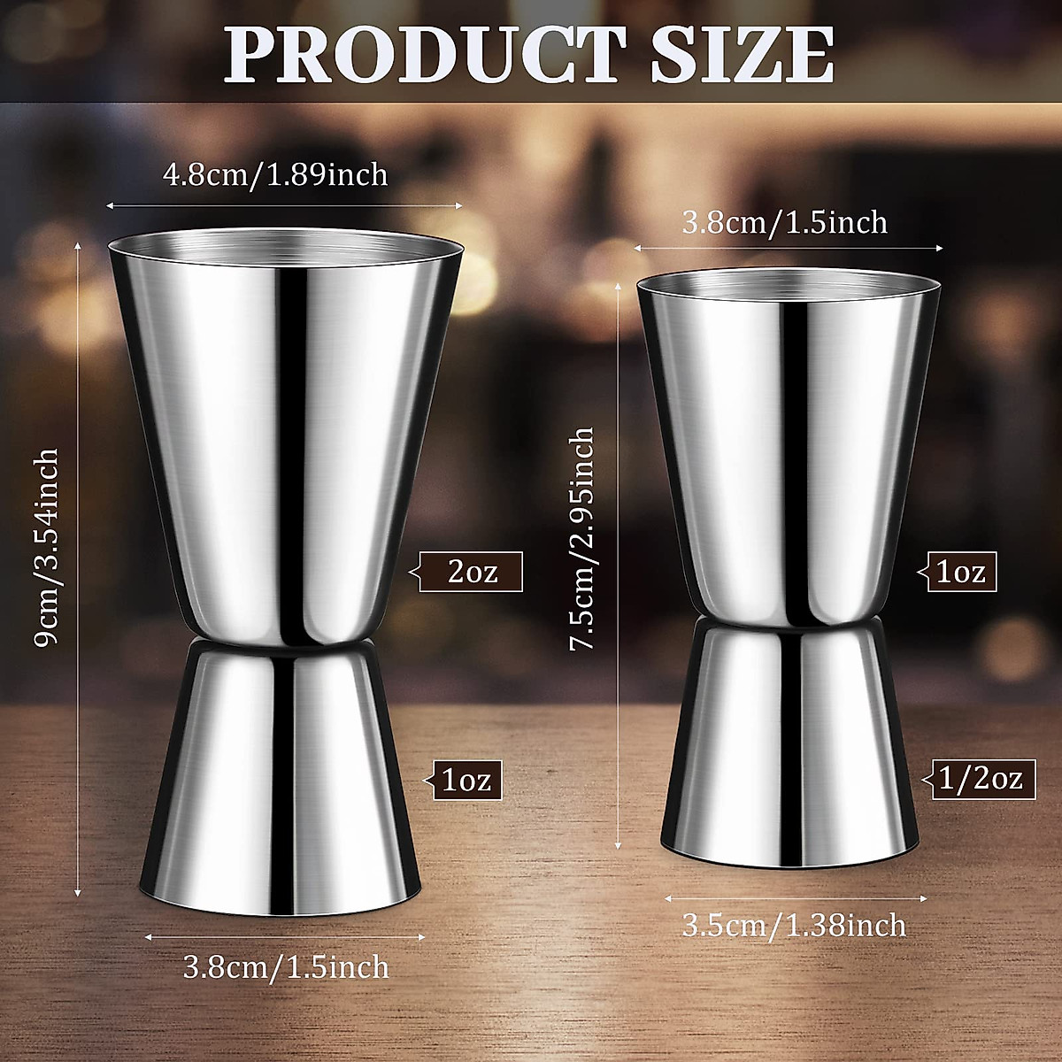 4 Pcs Double Cocktail Jigger 2 Size Stainless Steel Japanese Style Bar Measuring Jigger Cocktail Alcohol Measuring Tools for Bartender Bartending, 1/2 oz and 1 oz, 1 oz and 2 oz, Silver