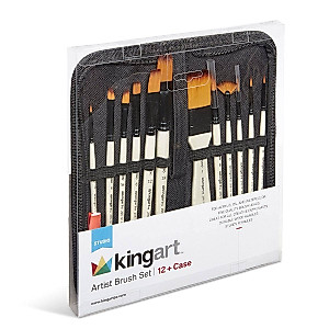 KINGART 205-12 ARTIST BRUSH SET with Carrying Case, 12 Short Handle Synthetic Hair Round, Flat & Fan Paintbrushes, Use for Oil, Acrylic and Watercolor Painting, 12 pc.