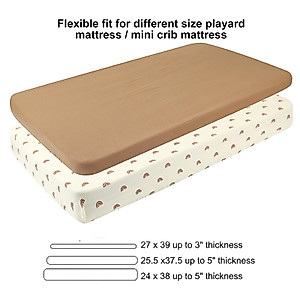 Muslin Pack n Play Sheets Soft Breathable 100% Cotton Mini Crib Fitted Sheets Portable/Convertible Playard Mattress Cover 2 Pack for Baby Boy and Girl, Natural and Rainbow