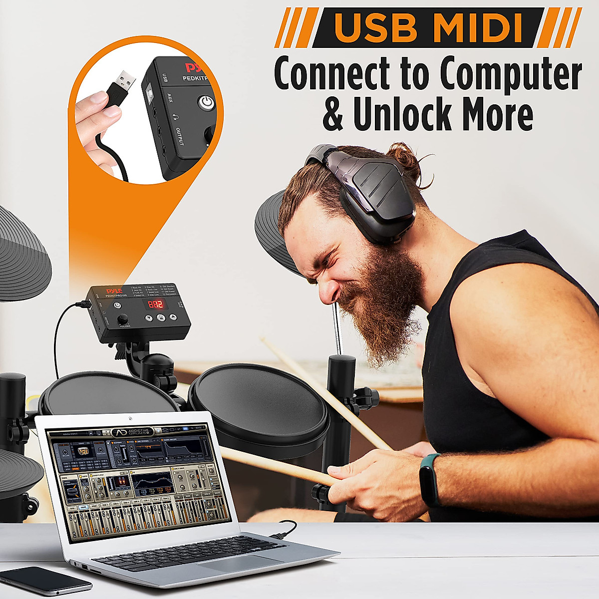 Pyle 8-Piece Electric Drum Set with MIDI Support, Preloaded Sounds, Cymbals, and Digital Foot Pedals