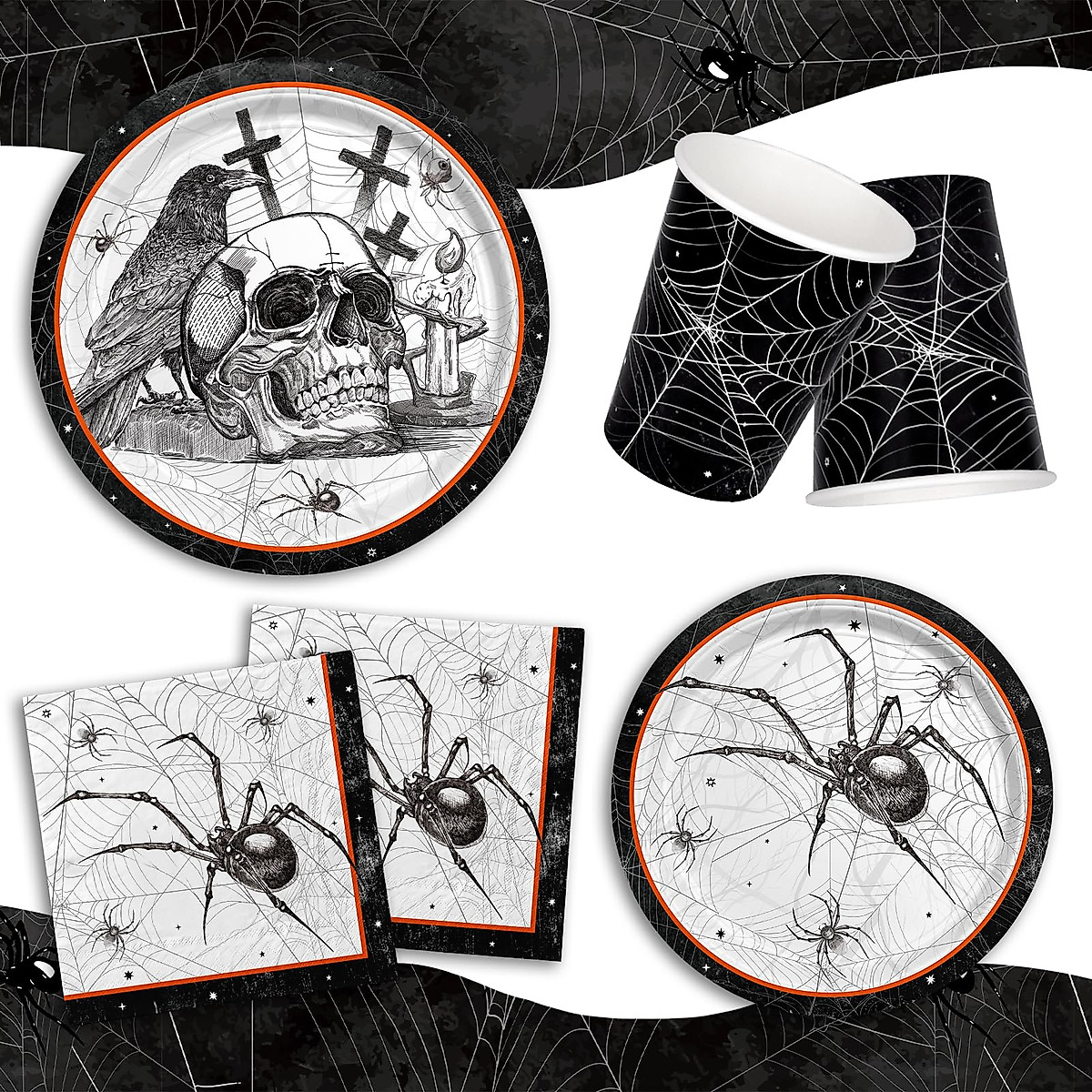 Spider Webs Halloween Party Supplies - Featuring Skull & Spider Themes, All-inclusive Wicked Web Paper Plates, Napkins, Cups, Tablecloth, and Banner. Ideal for Halloween Party Decorations, Serve 25 .