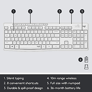 Logitech MK295 Wireless Mouse & Keyboard Combo with SilentTouch Technology, Full Numpad, Advanced Optical Tracking, Lag-Free Wireless, 90% Less Noise - Off White (Renewed)
