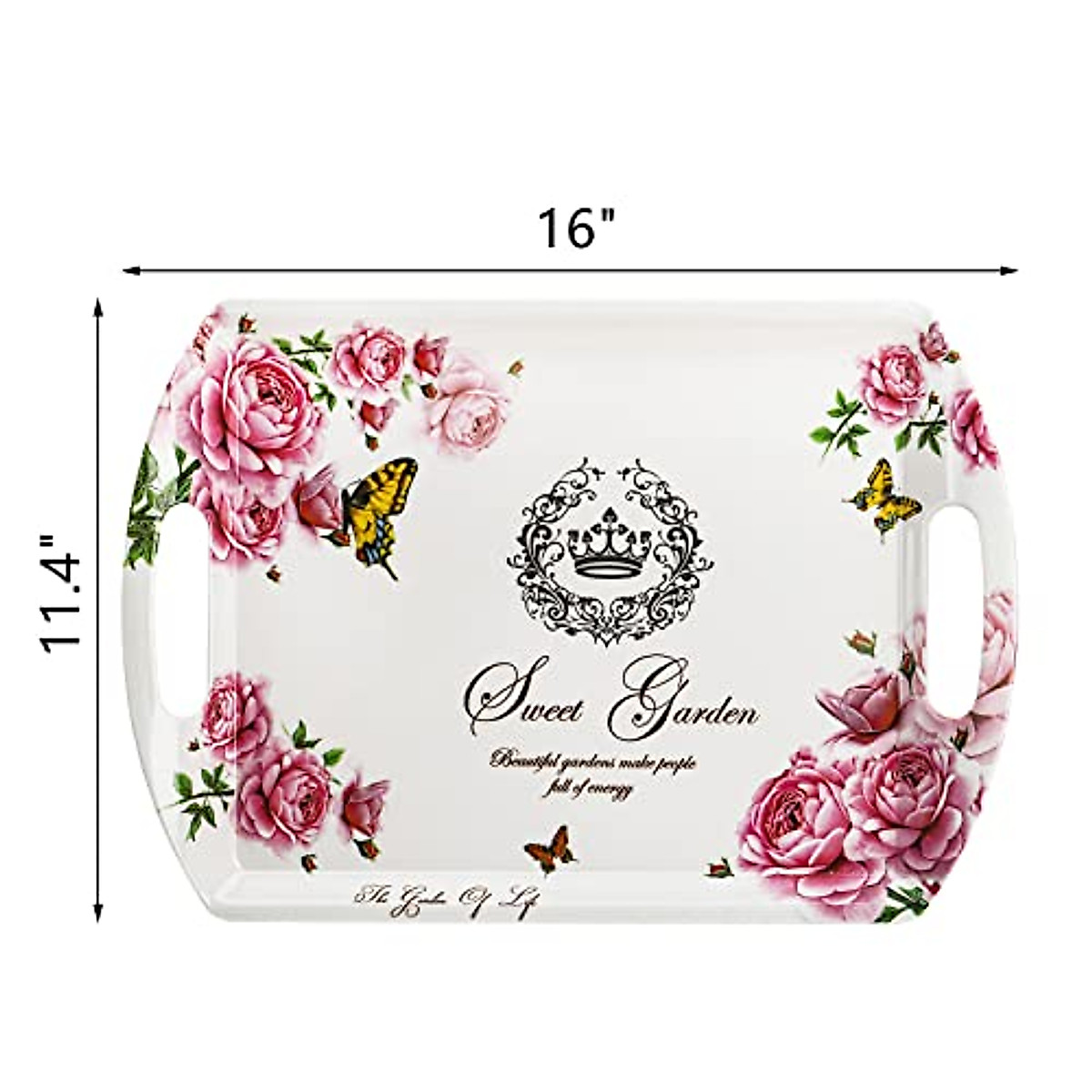 ZEAYEA 3 Pack Melamine Serving Tray, Large Serving Platter with Handle for Eating, 16" x 11.4" Rectangular Stackable Food Tray with Floral Print for Home, Party, Restaurant, Picnic