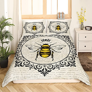 Erosebridal Sweet Honey Bee Bedding Sets Queen Cute Kawaii Animal Comforter Cover Retro Vintage Style Bed Sets 70S 80S Grunge Duvet Cover Old Newspaper Print Quilt Cover Breathable 3pcs