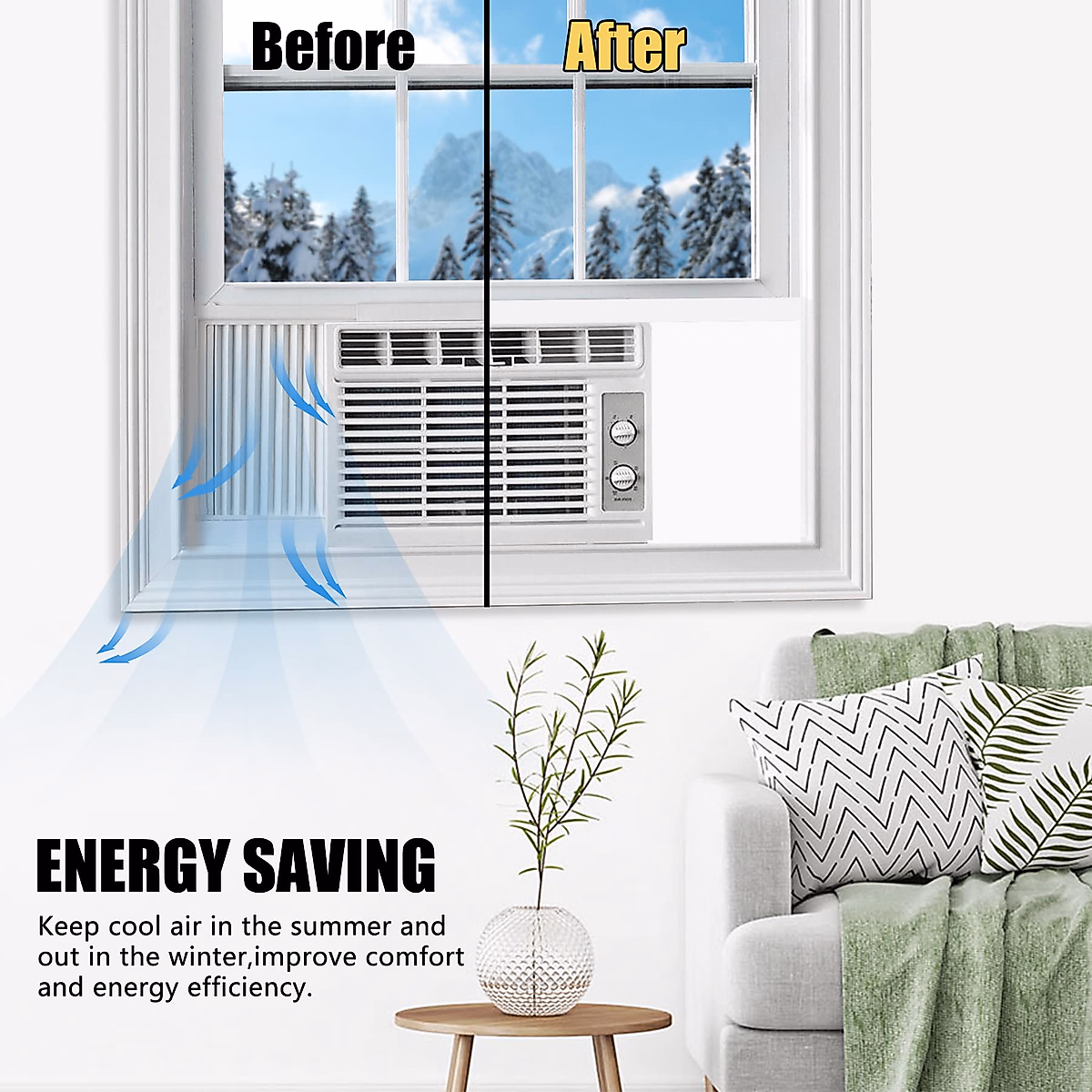 Powrocket Window Air Conditioner Foam Insulated Panel, 17-Inch High x 9-Inch Wide All Season Protection Window AC Side Panels Kit with Air Conditioner Top Seal Strip