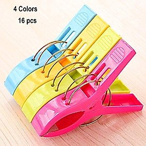 Beach Towel Clips for Beach Chairs, 16 Pcs 4.7 Inch 4 Colour Plastic Large Clothespin Towel Clips for Chairs, Beach Accessories for Vacation Must Haves (Blue, Green, Yellow, Hot Pink 16pcs 4.7'')