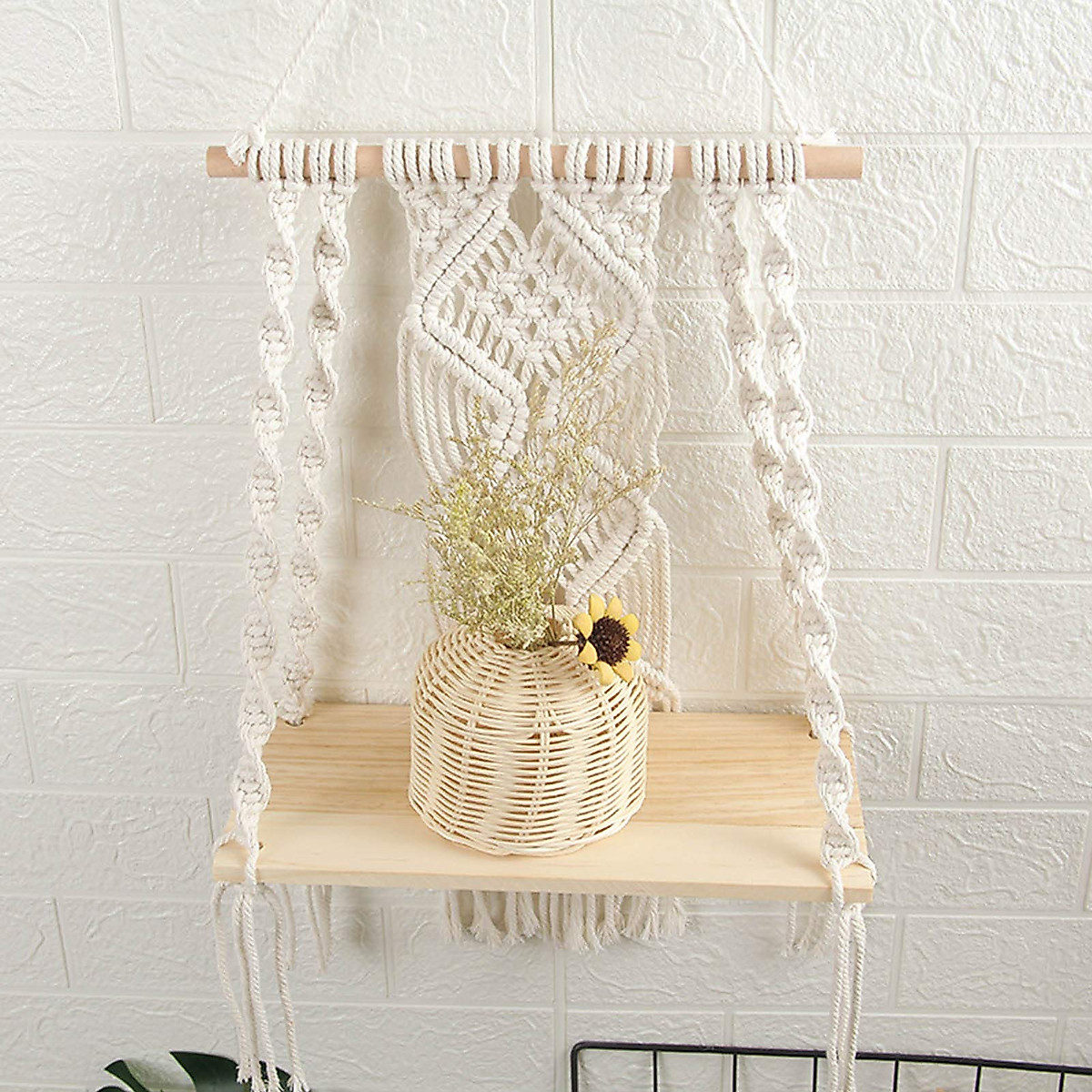 JnnRain Macrame Shelf Macrame Wall Hanging Shelf Beige Macrame Hanging Shelves White Macrame Wall Shelf Decor Plants Wall Shelf Home Decor