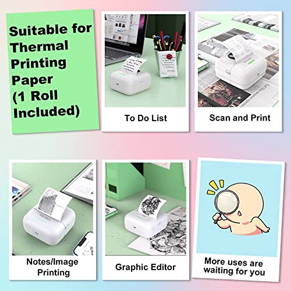 VKUSRA Pocket Printer, Wireless Bluetooth Thermal Printer with 3 Rolls Printing Paper and 1200mAh Battery, Portable Inkless Printer for iPhone Mini Sticker Printer Compatible with iOS&Android