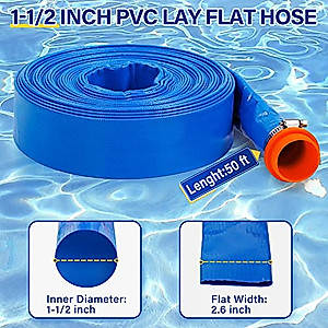 Acquaer 1-1/2" x 50 FT Pool Backwash Hose, Heavy Duty Reinforced PVC Lay Flat Discharge Hose, Weather and Burst Resistant, with 2 Hose Clamps and a Connector for Inground Swimming Pool Pump Draining