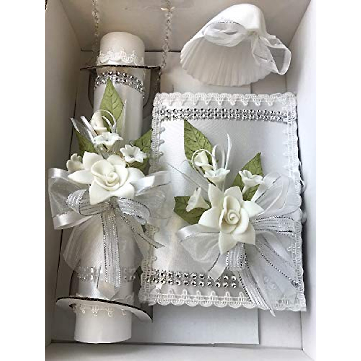 OOKi- Flower Cross Baptism Candle Set Kit for Christenings with Shell - Spanish (White)