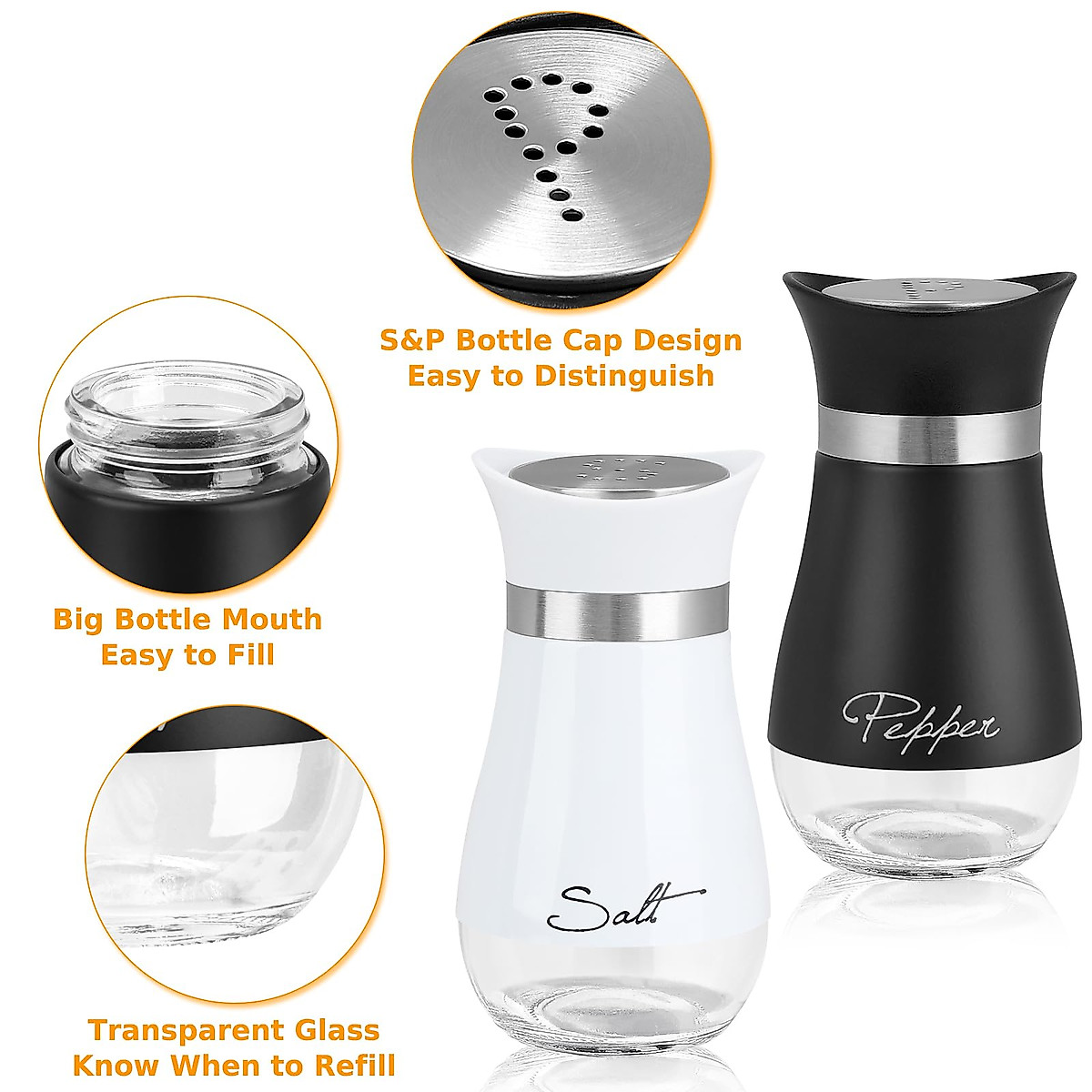 Accmor Salt and Pepper Shakers Set, 4 oz Stainless Steel Salt Pepper Shaker Containers with Glass Bottom for Kitchen Cooking, BBQ, Bar, Table, RV, Camp