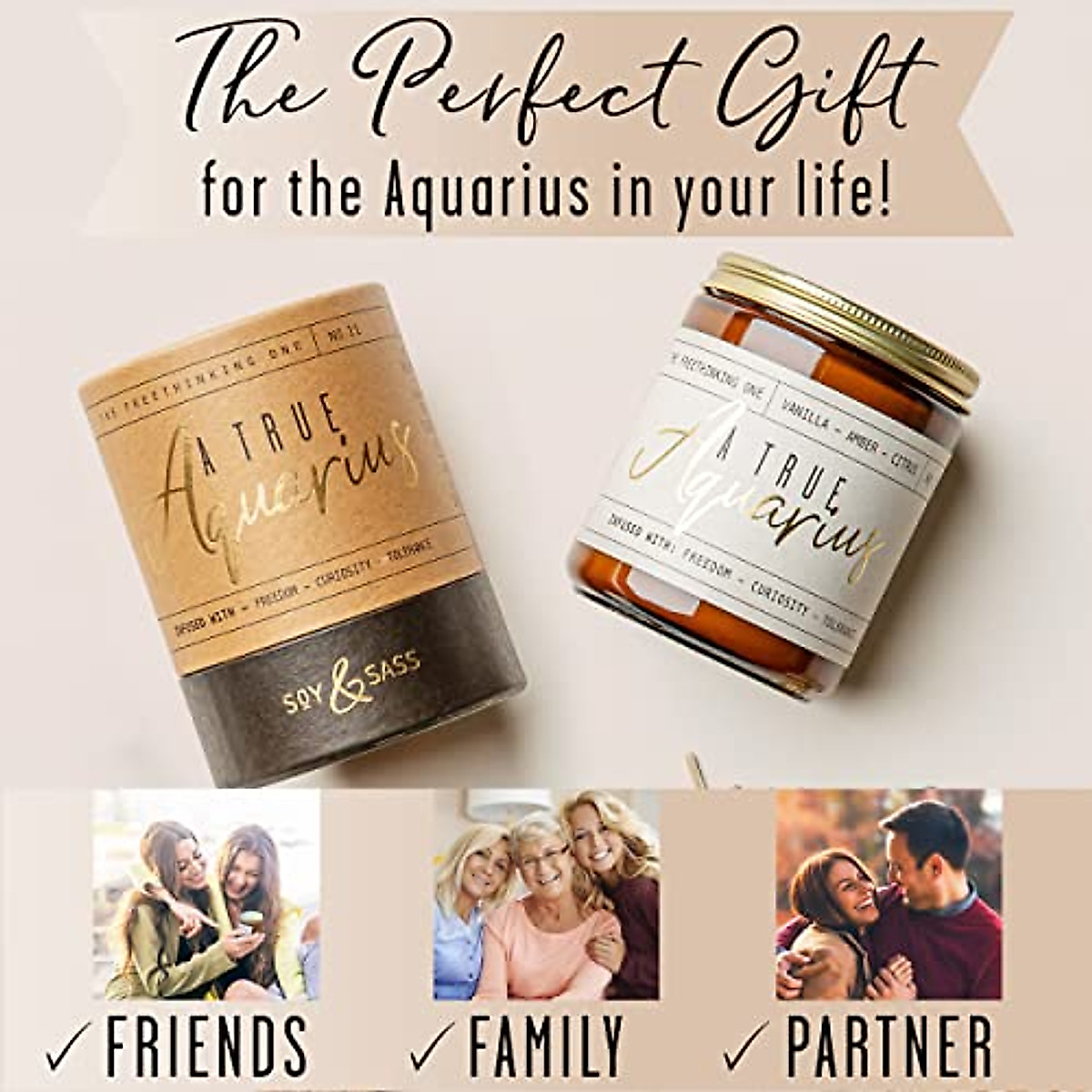 Aquarius Gifts for Women, Zodiac Gifts - A True Aquarius Soy Zodiac Candle, w/Vanilla, Amber & Citrus I Astrology Gifts for Women I 9oz Reusable Amber Glass Jar, 50 Hr Burn Time, Made in USA