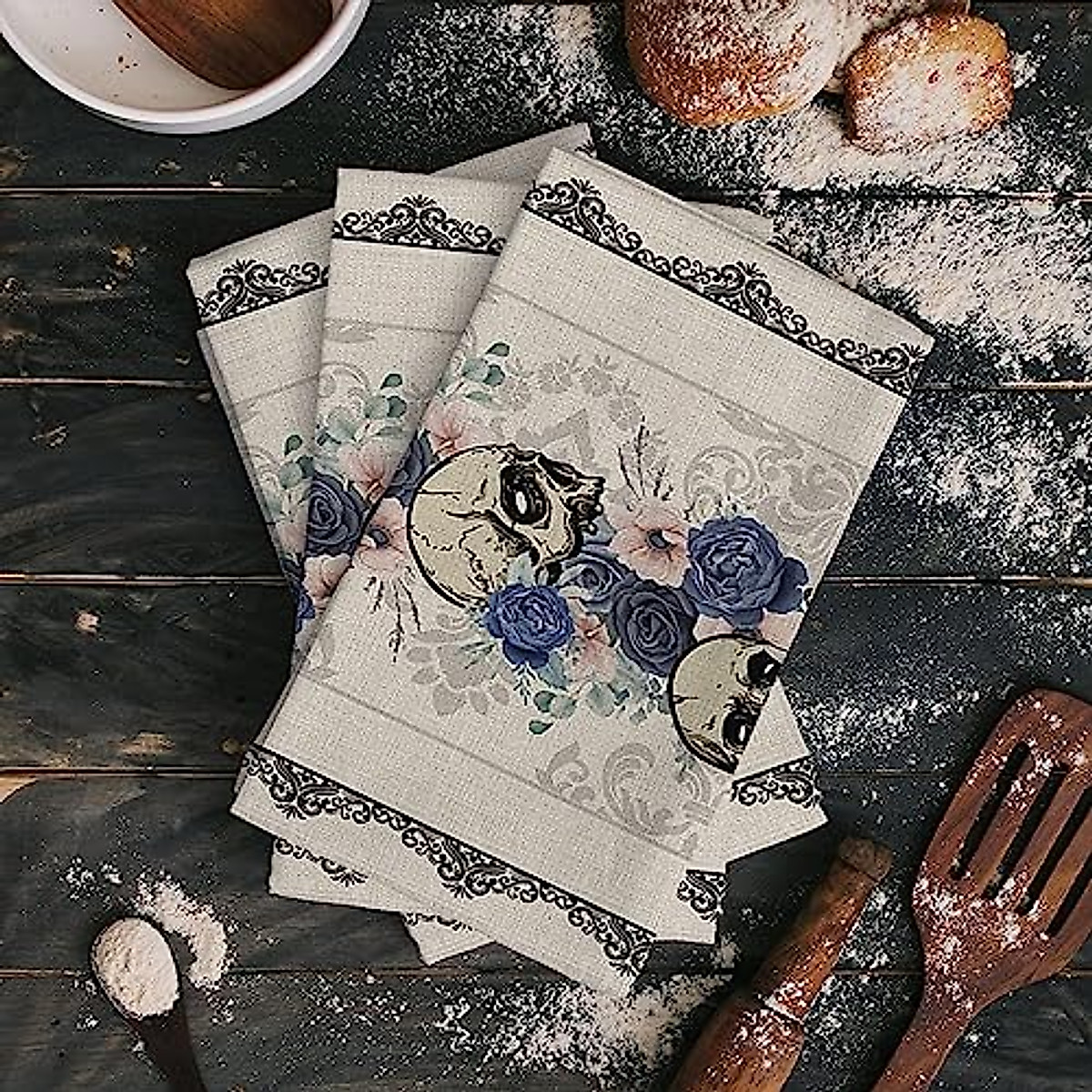 Chees D Zone Halloween Gothic Skeletons Eucalyptus Leaves Kitchen Towels Dish Cloth Towel Absorbent Hand Towel Cleaning Cloth,Scary Skull Retro Linen Dishcloth Quick Drying for Dishes Counter 1 Pack