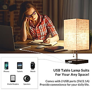 USB Bedside Table Lamp, Siljoy Minimalist Nightstand Lamp Small Lamp Modern Desk Lamp with 2 Double USB Fast Charging Port and Square Fabric Linen Lamp Shade, for Bedrooms Study Living Room, M