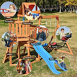 MengK Wooden Swing Set with Slide, Climbing Wall, Sandbox and Wood Roof, Outdoor Playhouse Backyard Activity Playground Playset for Toddlers