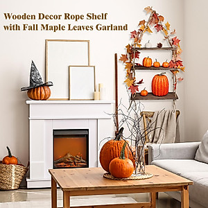 3-Tier Macrame Hanging Shelf for Wall Decor, Wooden Lighted Hanging Shelves with Fall Artificial Maple Leaves Boho Room Decor Aesthetic Wall Storage Floating Shelves for Bedroom Living Room Farmhouse