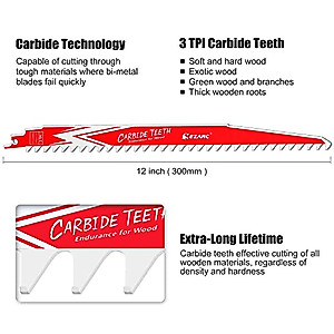 EZARC Carbide Reciprocating Saw Blade R1243HM Endurance for Hard Wood 12-Inch 3TPI, 3-Pack