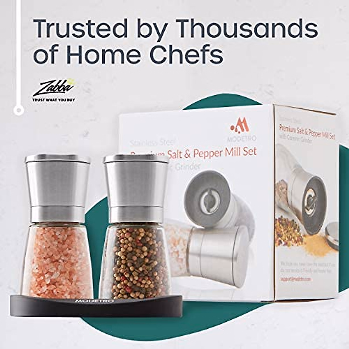 Modetro Salt and Pepper Shakers Set 6 oz Each Adjustable Coarseness Pepper Grinder Mill for Sea Salt Spice Stainless Steel Glass 2 Pack