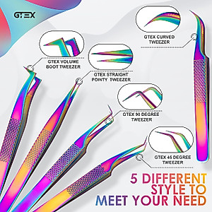 GTEX Lash Tweezers For Eyelash Extensions Tweezers, Circle Grip - Japanese Steel - Professional Eyelash Tweezers For Extensions, 5 Pack - Silver