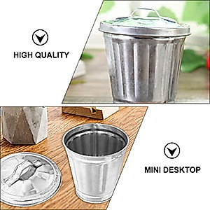 STOBOK 1Pc Mini Trash Can, Desktop Pail Metal Wastebasket Garbage Can Flower Pot Metal Bin with Lid for Bathroom Bedroom Home Office Kitchen Patio Dorm, 9x9. 5cm