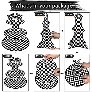 2 Set 3-Tier Racing Car Theme Round Cardboard Cupcake Stand for 24 Cupcakes Perfect for Racing Cars Birthday Party Supplies Black and White Checkered Party Decorations Let's Go Racing Car Party Decor