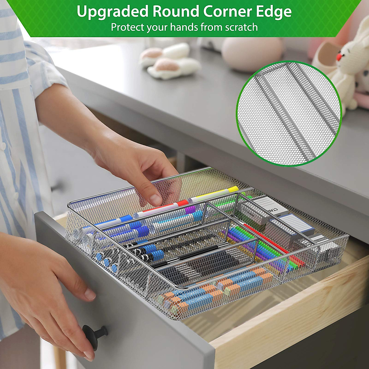 Pipishell Mesh Drawer Organizer Tray for Cutlery Silverware Flatware, 6 Compartments Kitchen Utensils Holder with Anti-slip Mats, Drawer Dividers for Knives Fork Spoon Office Supplies, Large