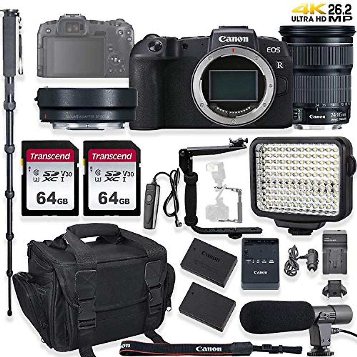 Canon EOS RP Mirrorless Digital Camera Holiday Deal Bundle w/EOS R/Mount Adapter & EF 24-105MM STM Lens + LED Video Light, Flash/Light Bracket & Microphone Accessory Kit (Renewed)