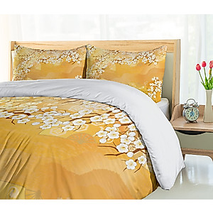 Ambesonne East Duvet Cover Set, Japanese Cherry Blossom Sakura Tree Branches Blooms Art, Decorative 3 Piece Bedding Set with 2 Pillow Shams, Queen Size, Marigold and Cream