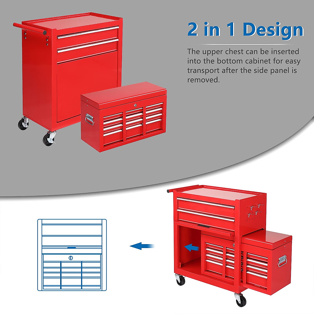 TUFFIOM 8-Drawer Rolling Tool Chest w/Lock & Key, Tool Storage Cabinet w/Wheels, Detachable Top, Drawers & Side Hooks, Mechanic Tool Organizer Box for Garage Warehouse Repair Shop, Red