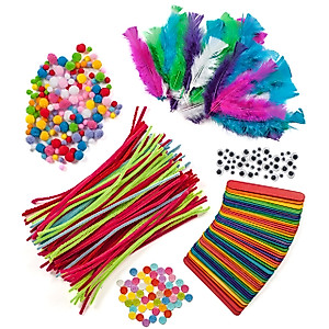 Crafts Supplies Mega Pack - Includes Feathers. Craft Buttons, Pom Poms, Colored Popsicle Sticks, Googly Eyes, and Chenille Stems
