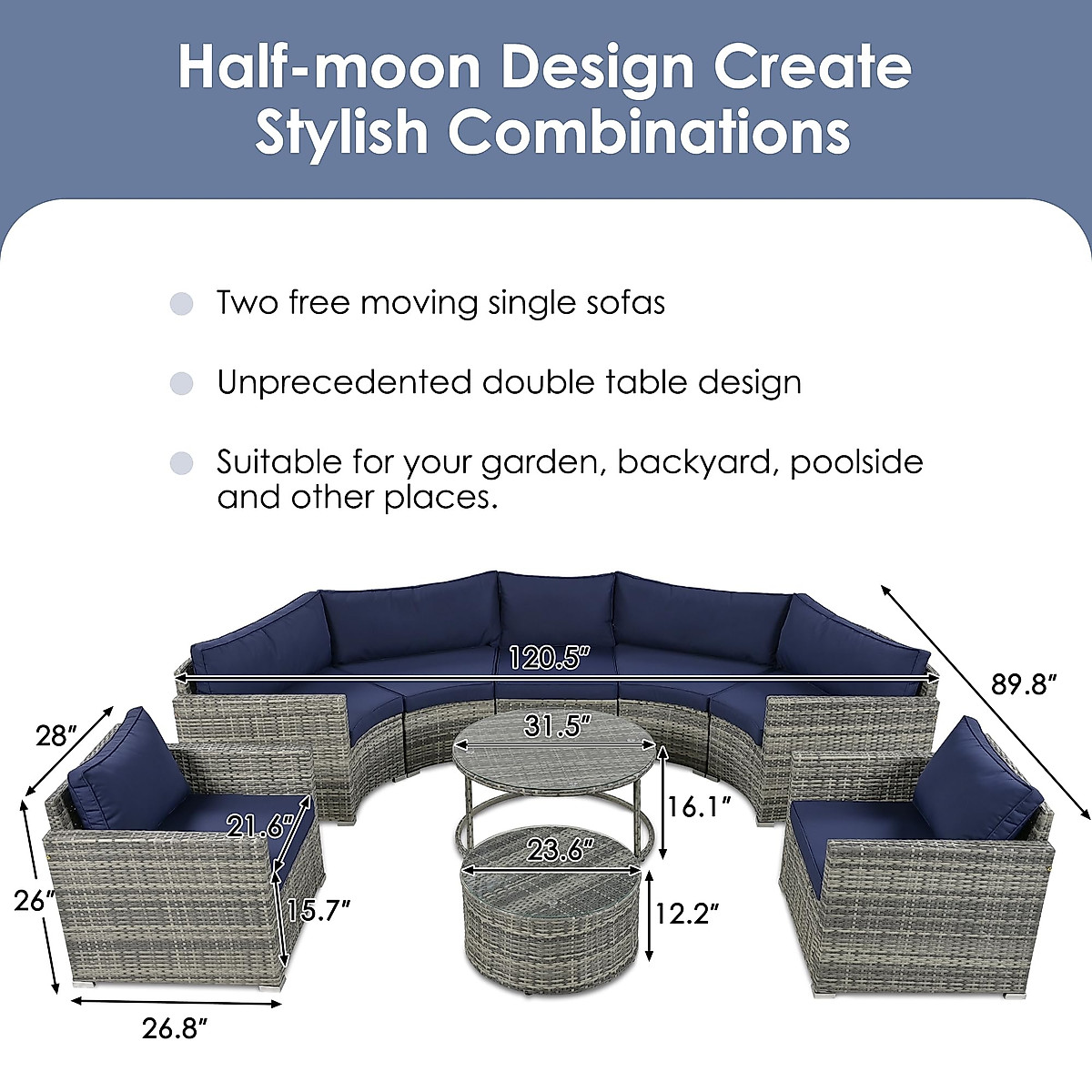 YSWH 9-Piece Outdoor Half Moon Sofa Set, Rattan Patio Furniture Half Round Sofa Set with Overlapping Round Table, Sectional Conversational Sofa Set for Free Combination, 1
