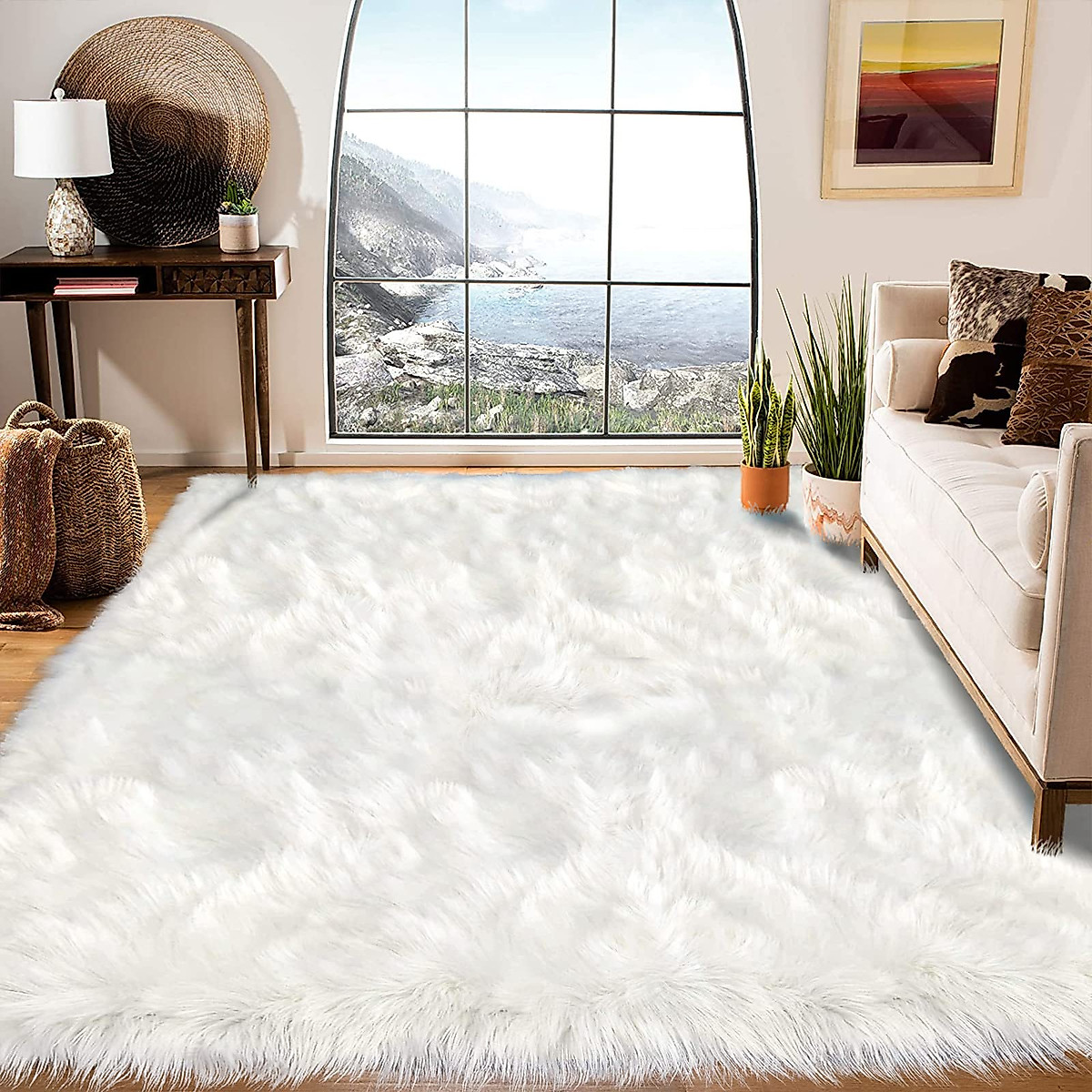 Latepis 6x8 Area Rug - White Fur, Fluffy, Faux Sheepskin, Washable, Luxury Home Decor