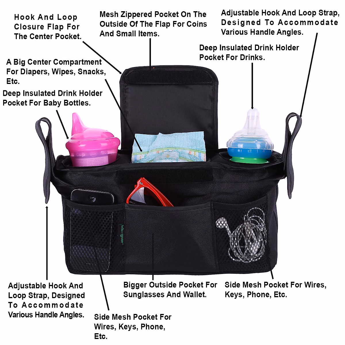 Lebogner Stroller Organizer, Insulated Deep Pocket Stroller Cup Holder To Keep Warm Or Cold Bottles, Extra Stroller Storage Space Accessories Pouch, Secured Universal Fit Black Baby Diaper Hanging Bag