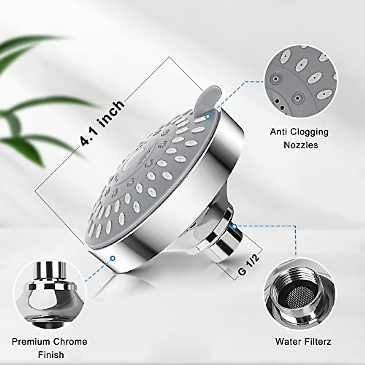 Shower Head High Pressure - OSUUQZS Rain Fixed Showerhead 5- Setting 4.1"High Flow Showerhead - with Adjustable Brass Ball- For Low Pressure Water (Chrome)