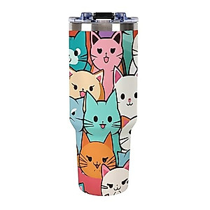 Cats Pattern 40 Oz Stainless Steel Cup Travel Tumbler with Handle and Straw Lightweight Coffee Mug for Home Office