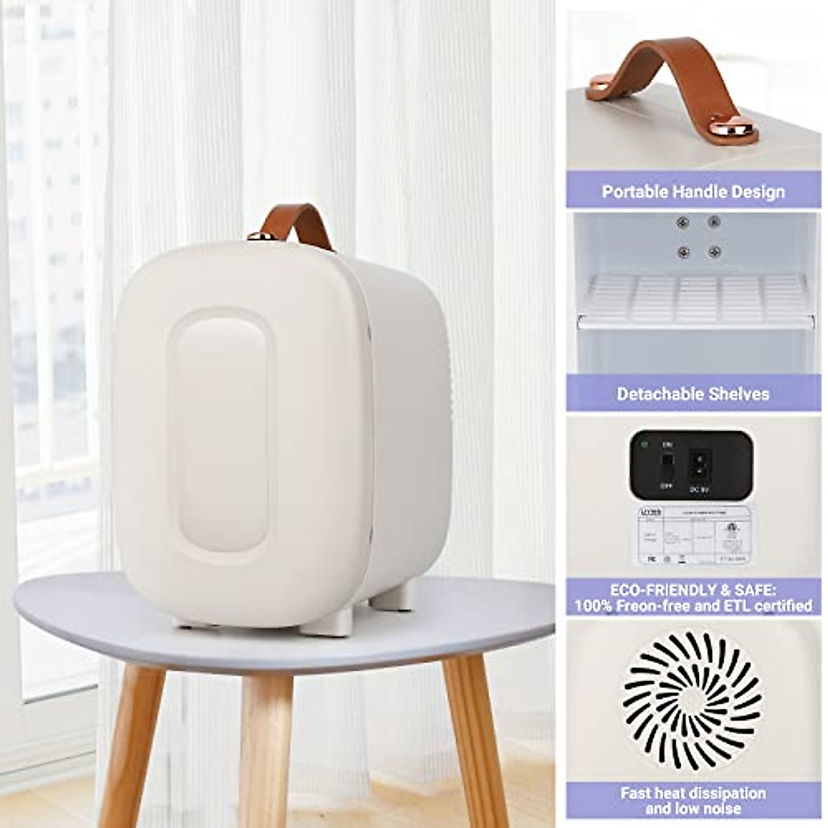 Living Enrichment Mini Fridge, 4L Skincare Fridge, Portable Small Refrigerator Cooler for Skincare, Beverage, Food, Cosmetics, Home, Bedroom, for Christmas Gift - Stone White