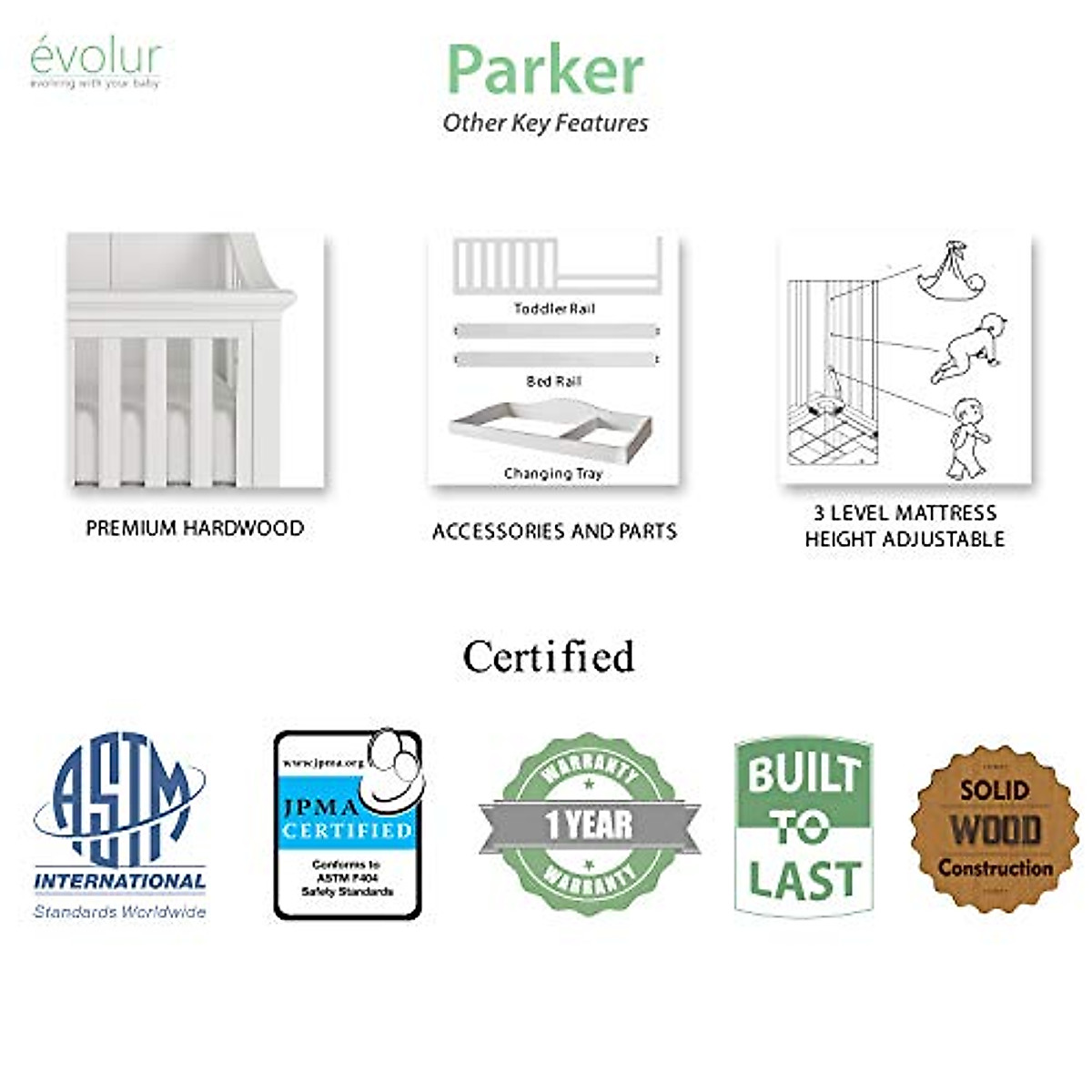 Evolur Parker 5 in 1 Convertible Crib, Winter White