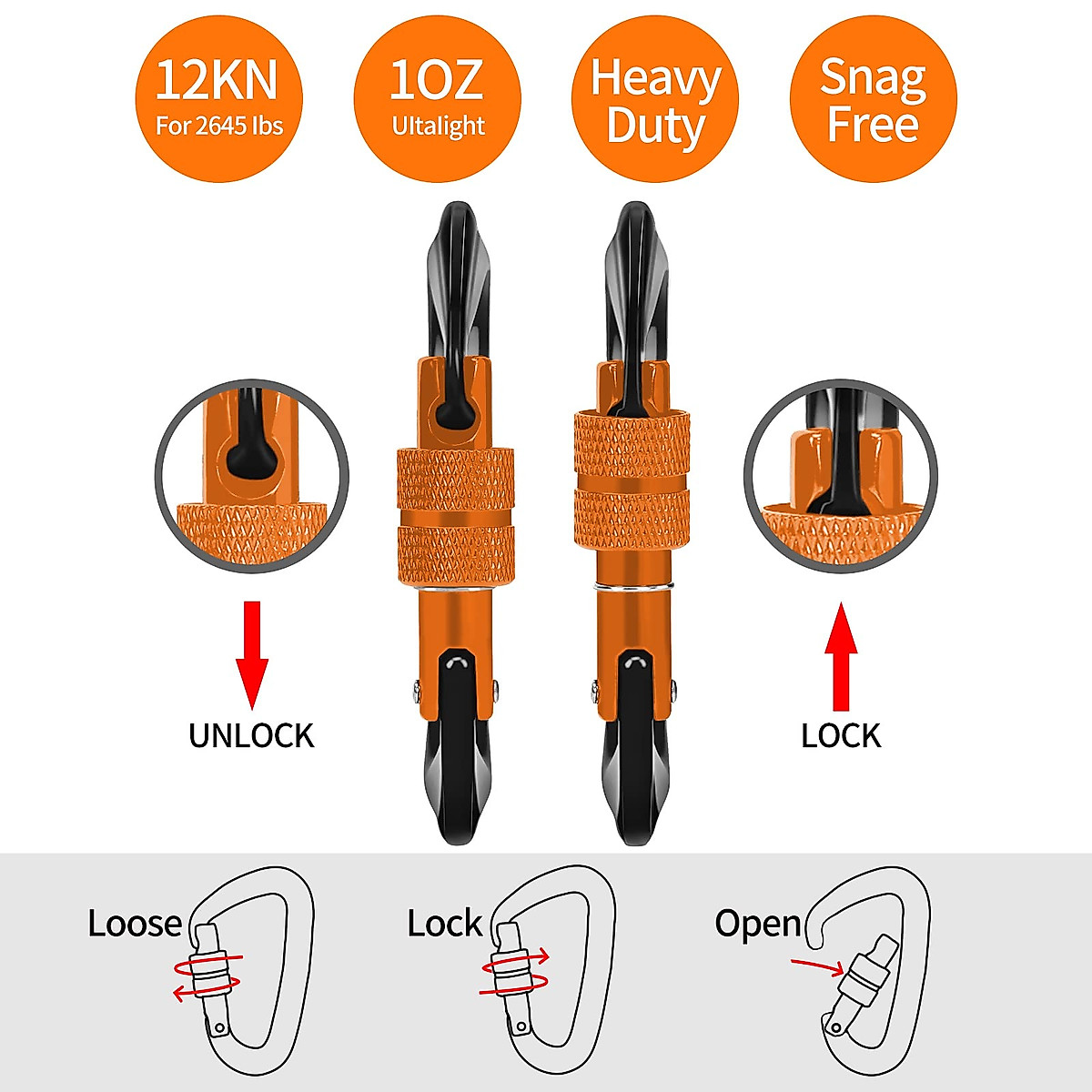 B-Mardi Carabiner Clips Heavy Duty 12kN (2697 lbs)-Lightweight Locking Carabiners for Camping, Hiking, Hammock, Dog Leash Harness, Outdoor and Gym etc, Keychains& Utility ﻿