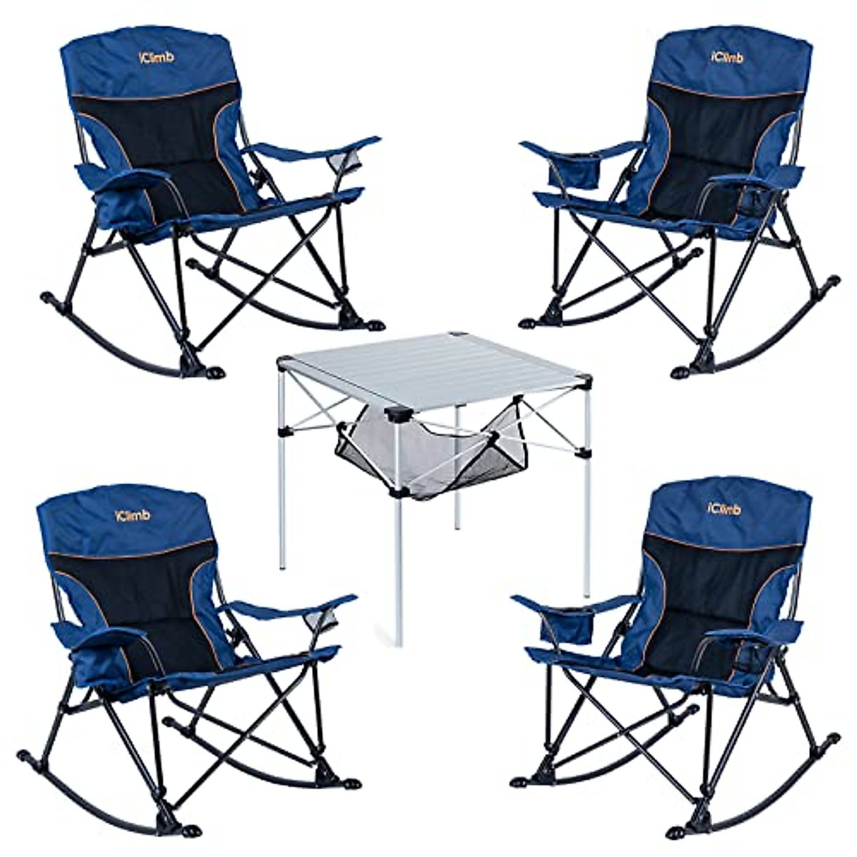 iClimb 4 Padded Rocking Folding Chair and 1 Folding Square Table Bundle for Four Person Camping Patio Porch Backyard Lawn Garden Balcony Indoor Outdoor