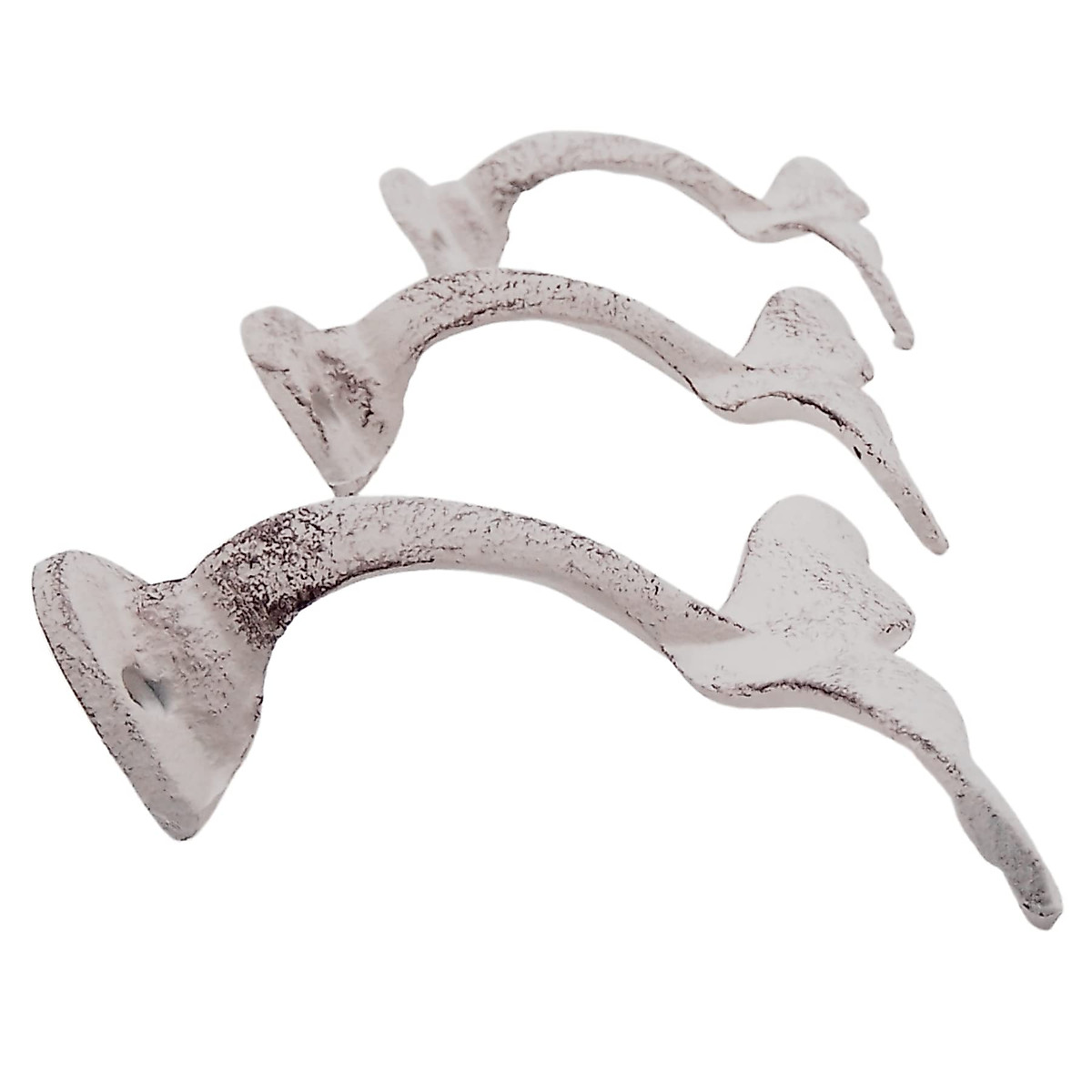 Distressed White Whale Tail Cast Iron Wall Hooks, Wall Mounted for Hanging Coats, Purses, Towels, Hats, Beach Themed Wall Décor, Set of 3, 4.75 Inches High