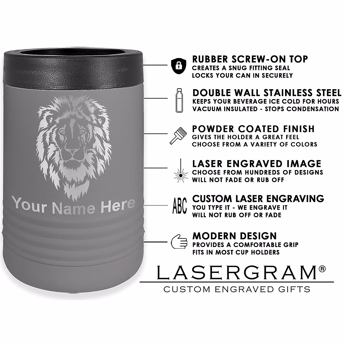 LaserGram Double Wall Insulated Beverage Can Holder, Soccer Ball, Personalized Engraving Included (Standard Can, Gray)