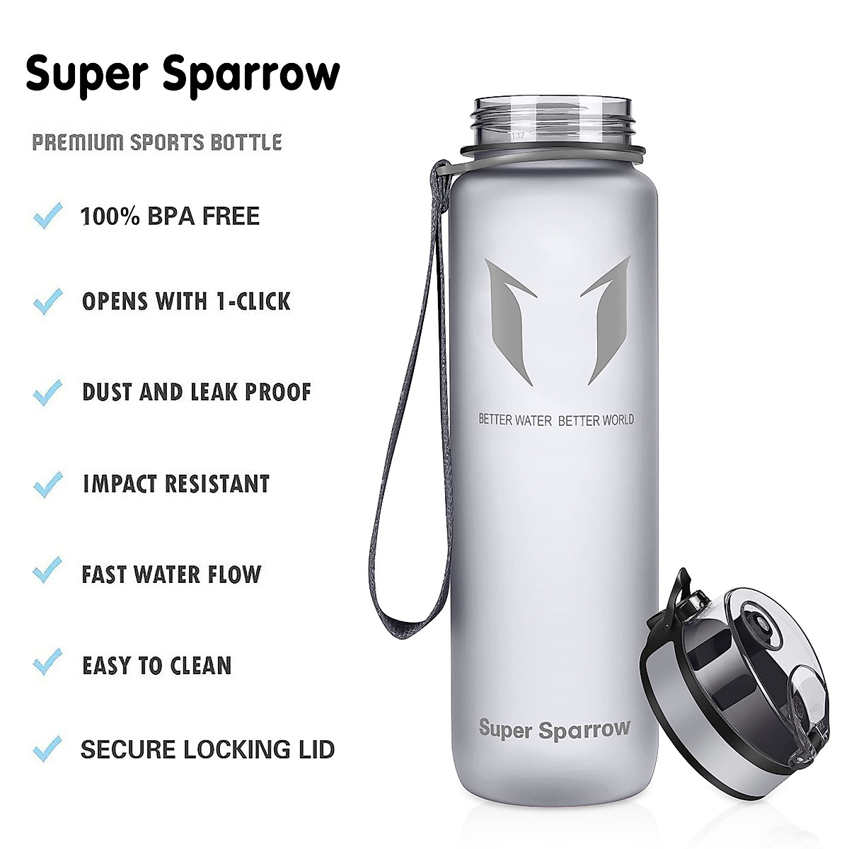 Super Sparrow Water Bottle - 32 oz - BPA & Toxic Free Tritan Water Bottles - One Touch Opening - Leak-proof Plastic Bottle - Kids Water Bottle for Office, Gym, Outdoor, Sports