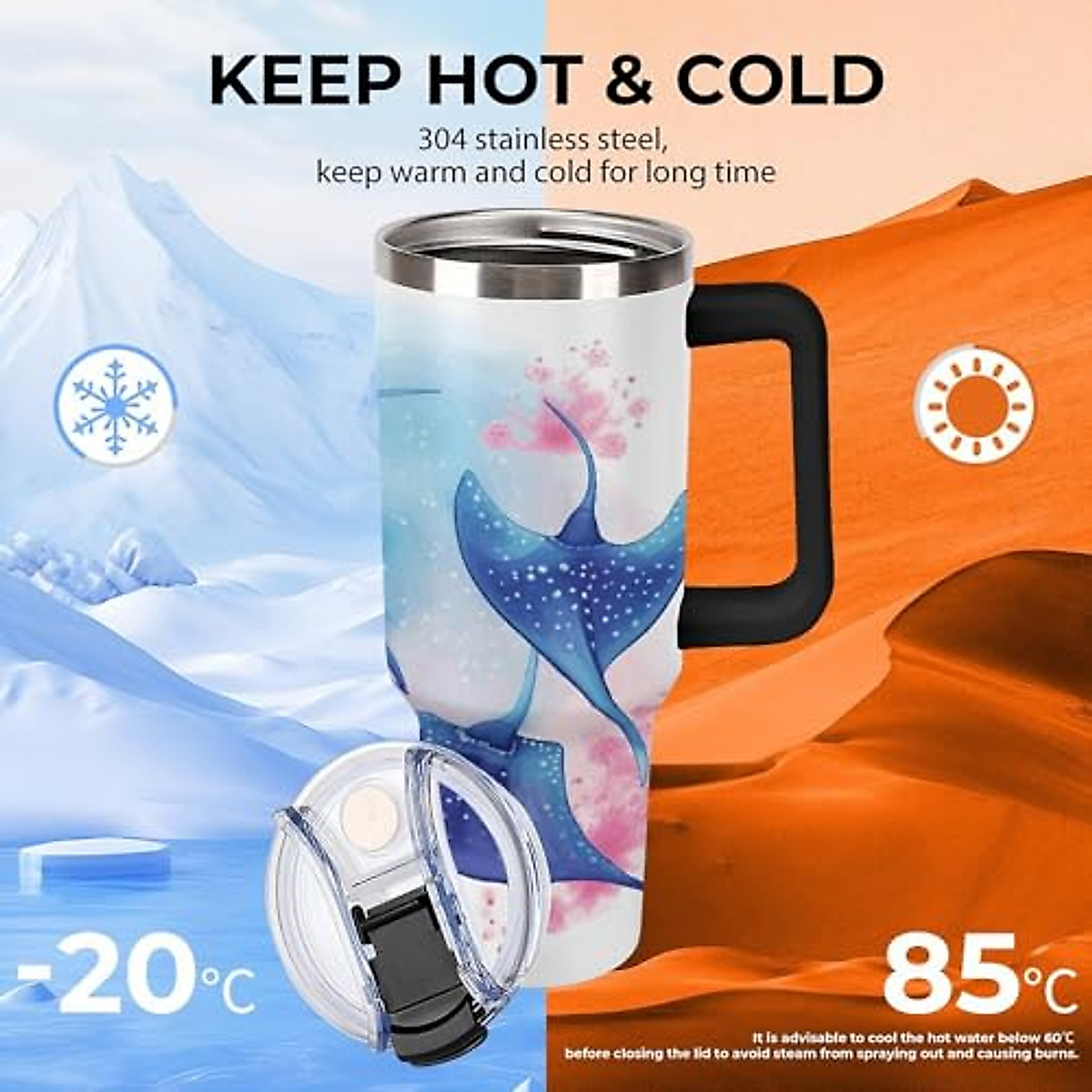 WYUSPGK 40oz Stainless Steel Car Mug, Sea Animals Stingrays Print Travel Mug, Double-Wall Insulated with Straw, Perfect for Car, Office, Outdoor