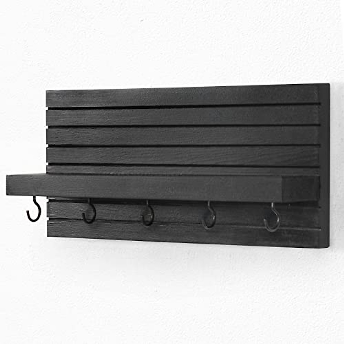 Decorative Key Holder for Wall with Shelf, Entryway Shelf with Hooks Holds Leashes, Jackets and Glasses – Sturdy Wood Keyholder Entrance Hanger with Mounting Hardware (11.8” x 5.5” x 3.1”) (Black)