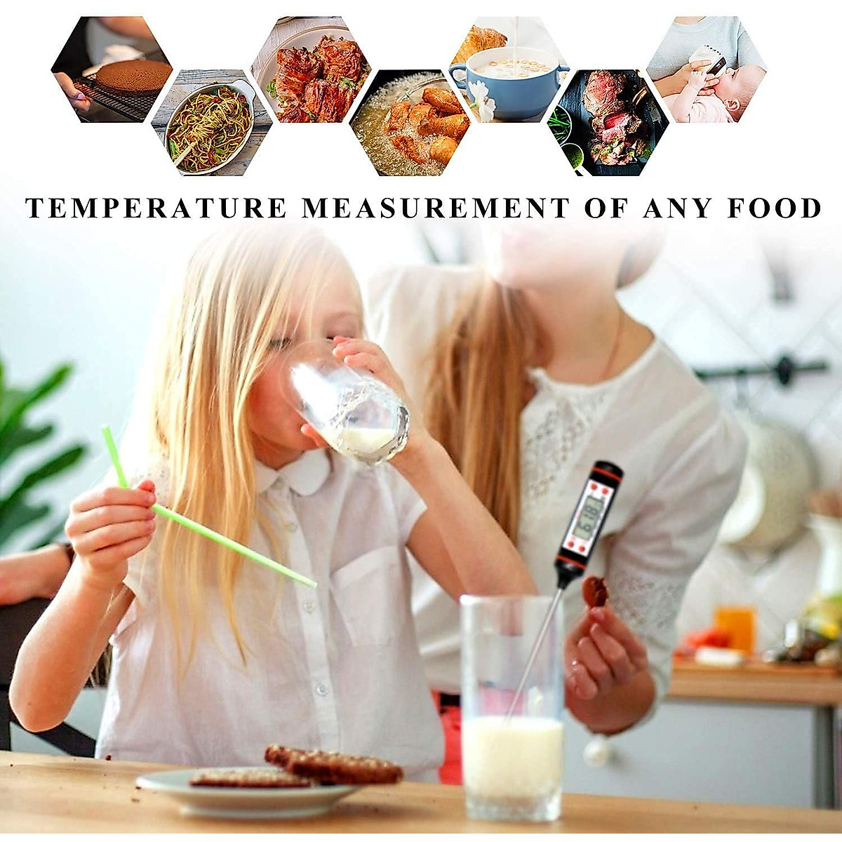 Elly Digital Kitchen Thermometer, Digital Meat Thermometer with LCD Display, Stainless Steel Skewer for Food, Long for Milk, Roast Meat, BBQ