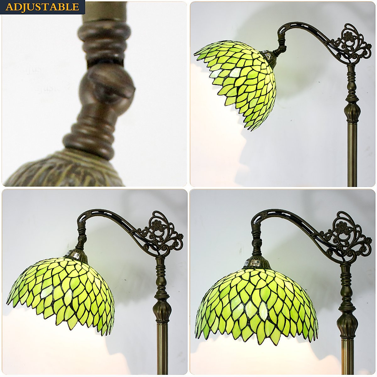 WERFACTORY Tiffany Lamp Floor Green Wisteria Stained Glass Arched Lamp 12X18X64 Inches Gooseneck Adjustable Corner Standing Reading Light Decor Bedroom Living Room S523 Series