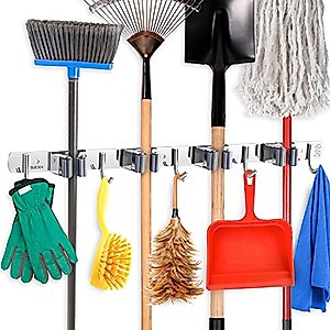 Garnen Mop and Broom Organizer (4 Racks 5 Hooks), Heavy Duty Broom Wall Mount Rake Holder Stainless Steel Tool Hanger for Home, Kitchen, Garage, Garden, Laundry Room, Bathroom Organization and Storage