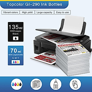 Topcolor Compatible Dye Ink Refill Replacement for Canon GI-290 GI290 Ink Bottles Kit Work for Canon PIXMA G4200 G4210 G3200 G2200 G1200 Printer (1 Black Ink 135mL, C/M/Y Ink 70mL, 4-Pack)